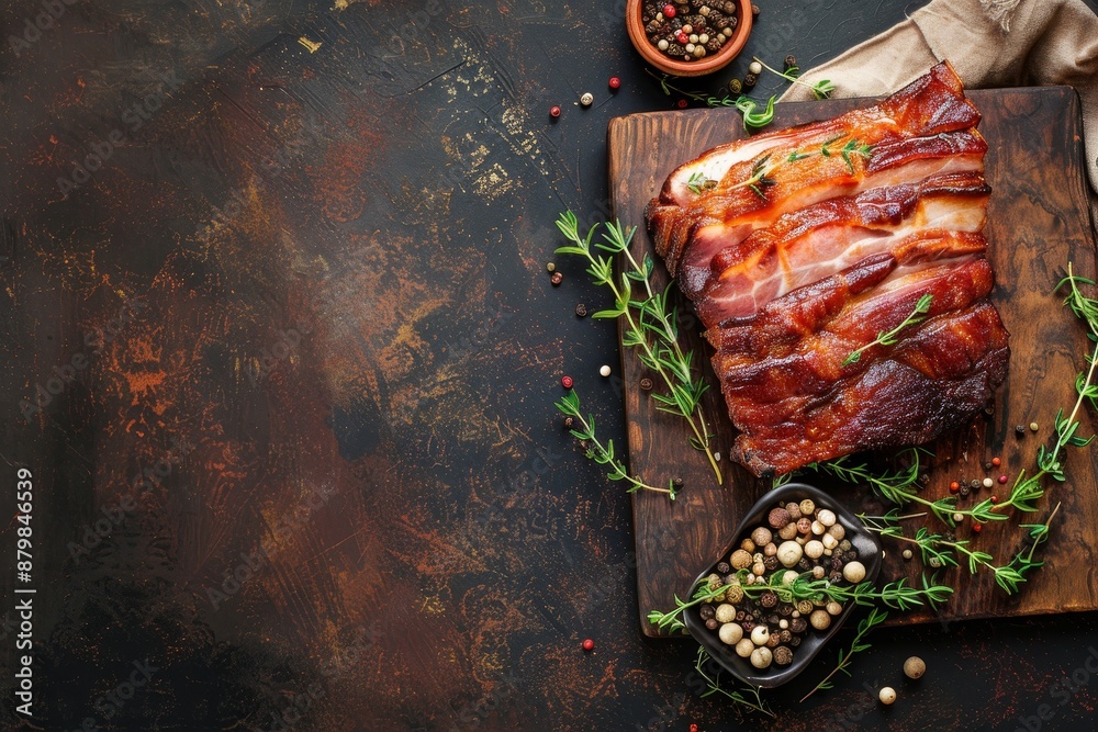 Seasoned pork cheek slices with smoked bacon served in a top view ...