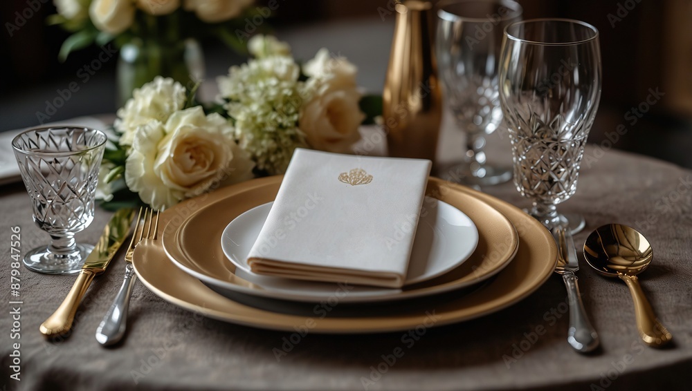 Fine dining table setting of luxury fancy restaurant menu invitation ...