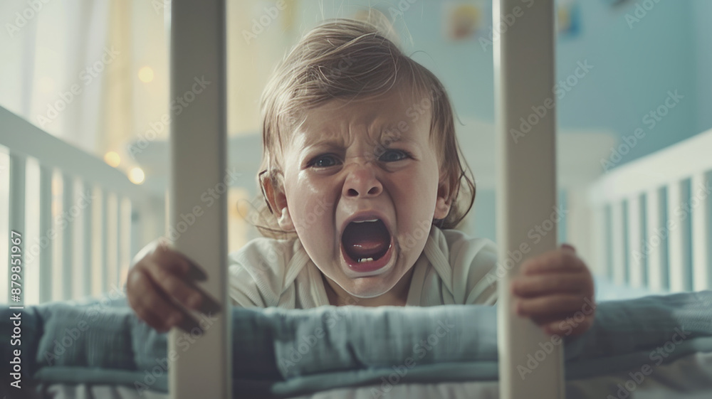 a fat baby crying in his crib. he has long blonde hair. he is throwing ...
