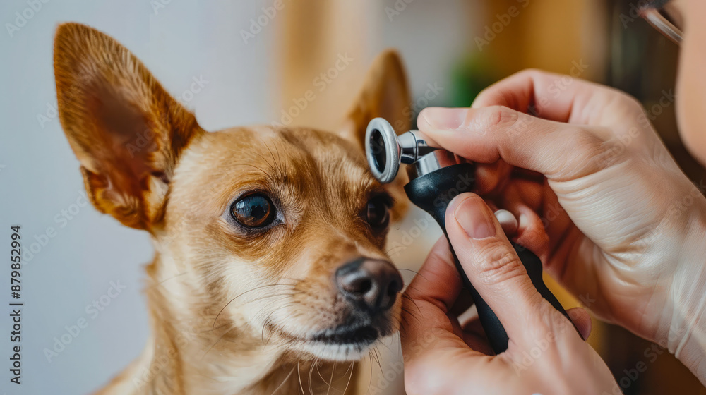 Veterinarian examining dog's ear with otoscope at veterinary clinic ...