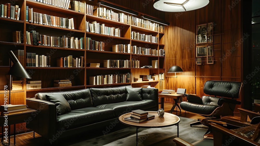 Luxury Library Scene, Interior Study Space with Leather Sofa and Loung ...