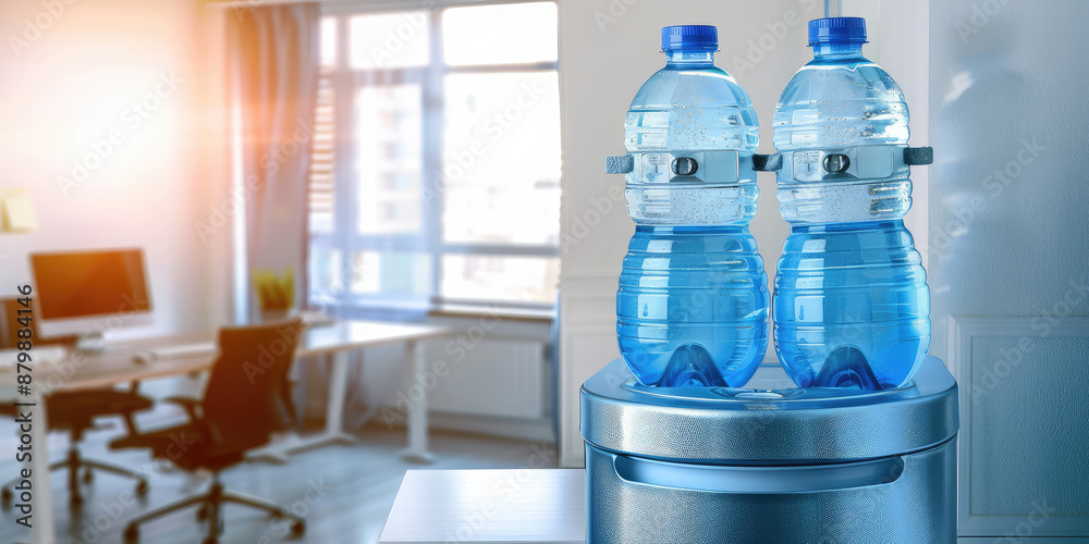 Plastic Water cooler over white office interior background. Large ...