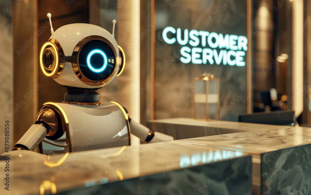A robot receptionist at a customer service desk in a modern setting ...