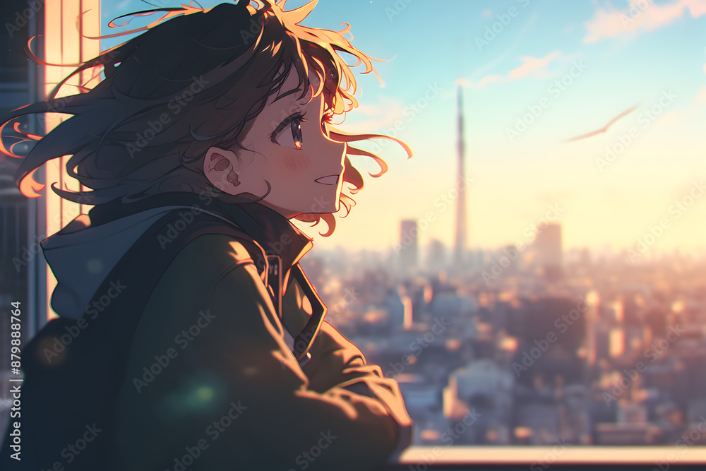 Girl gazing out of a skyscraper window, filled with excitement for ...