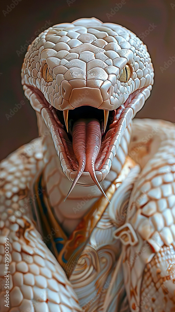 The personification of a white snake. The snake shows its fangs and ...