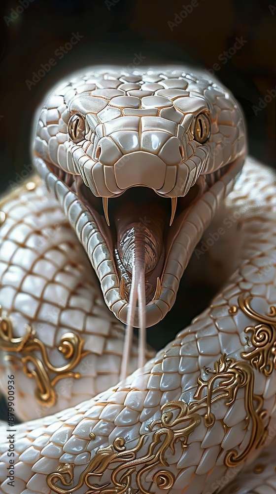 The personification of a white snake. The snake shows its fangs and ...