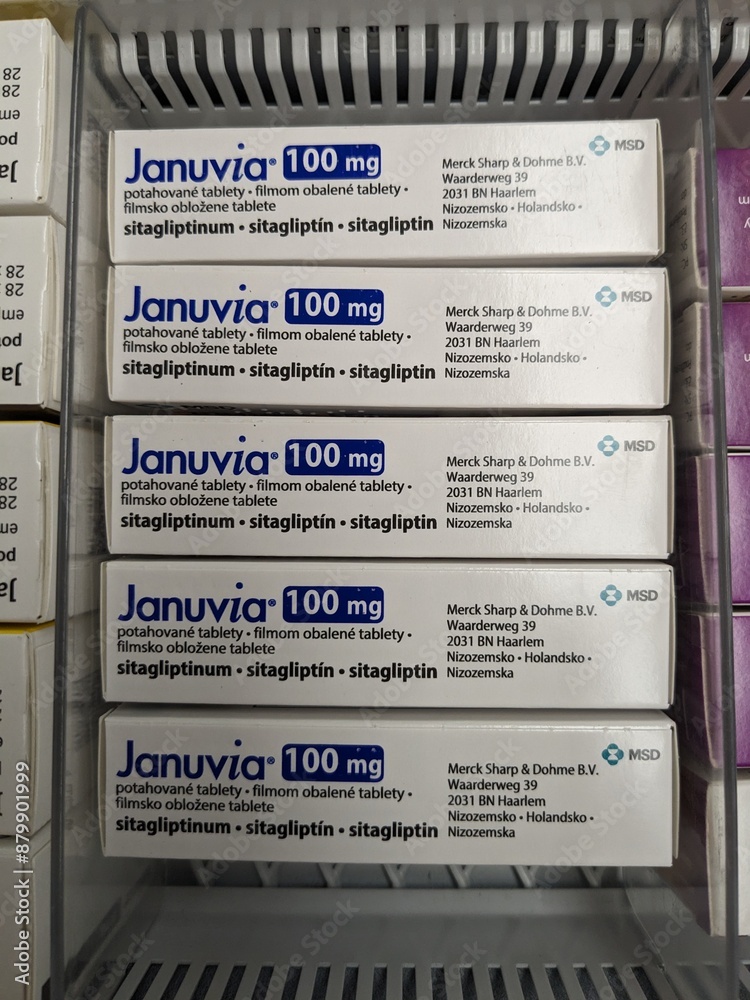 Prague, Czech Republic - July 10 2024: JANUVIA box of medication with ...