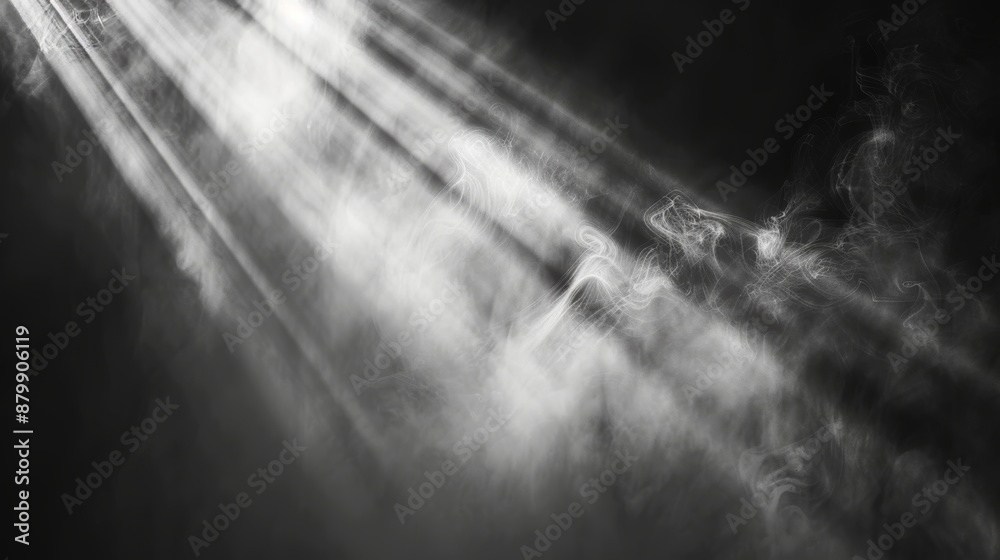 Realistic modern background with light beams, smoke, mist, and flying ...