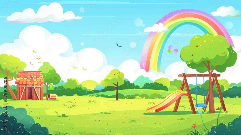 A colorful cartoon background of a children's playground. Slide, swing ...