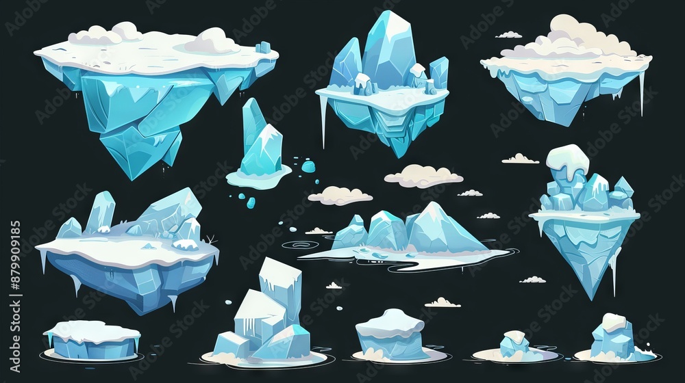 For a flying ice jump game, a snowy floating platform with isolated ...