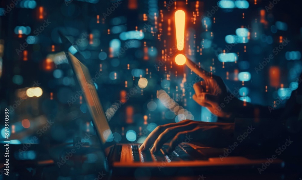 There is a triangle caution warning sign displayed on a businessman's ...