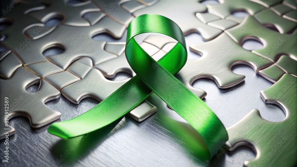 Isolated green ribbon entwined around a gleaming silver awareness ...