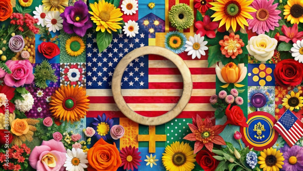 Diverse national flags, flowers, and symbols of empowerment arranged on ...