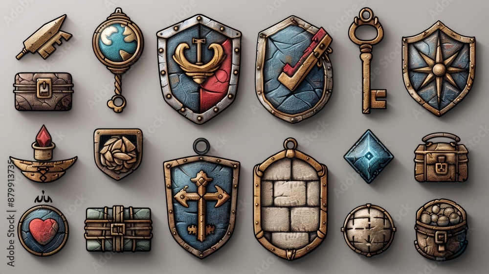 Set of game icon sets including shields, swords, lightning flashes ...