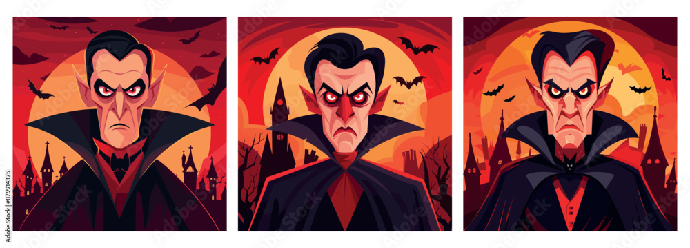 Cartoon vampire portraits. Evil vampires face head red night background ...
