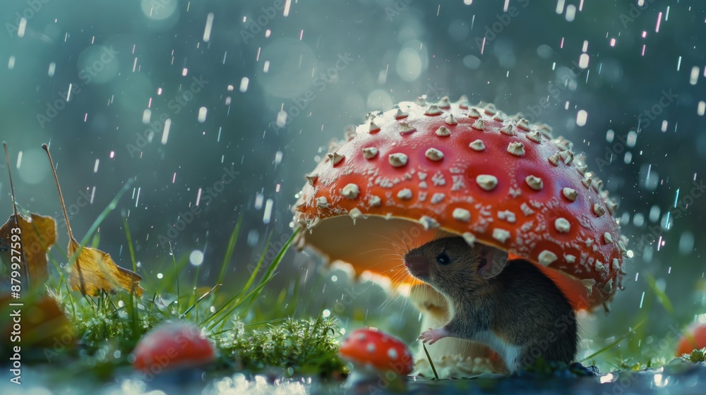 A cute little mouse hides from the rain under a big fly agaric in the ...