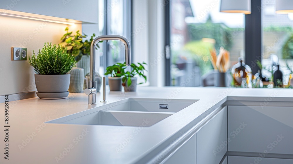 kitchen features a seamless white Corian countertop with a built-in ...