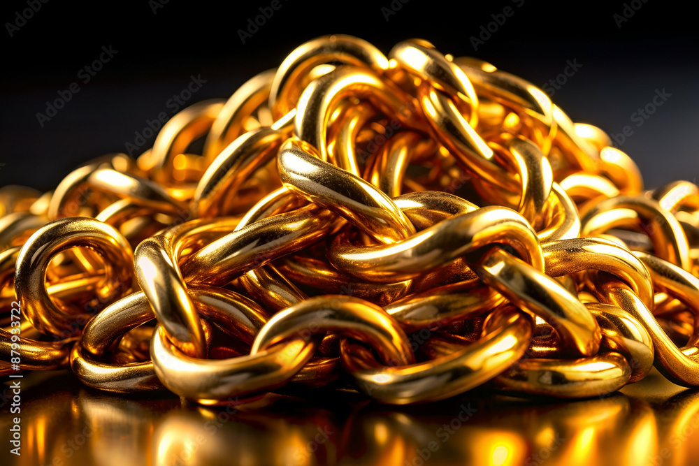 A pile of gold chains with a shiny, reflective surface. The chains are ...