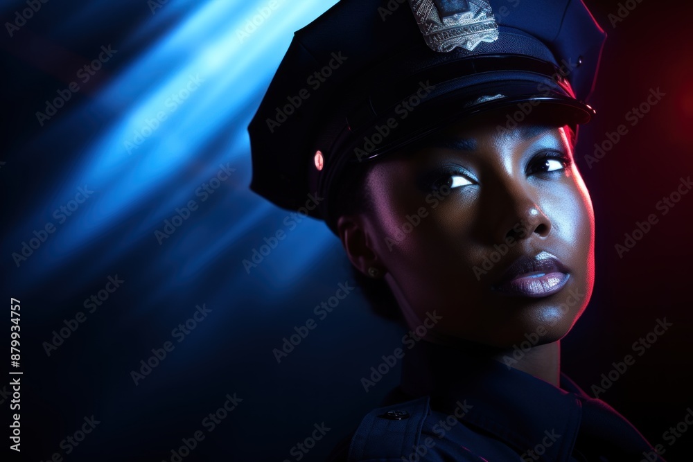 Portrait of a beautiful female police officer on a black background ...