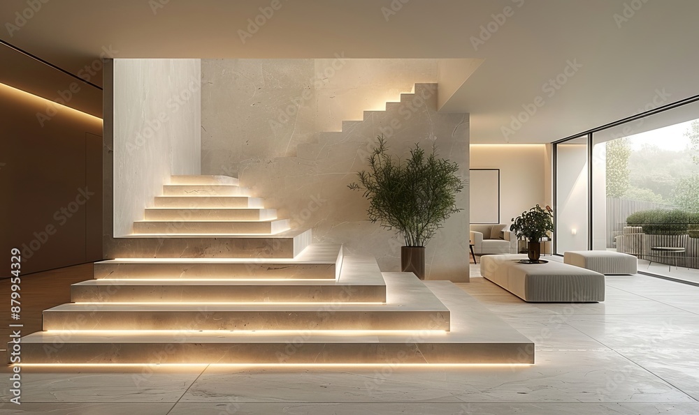Sleek concrete steps and backlit alabaster panels in minimalist hallway ...