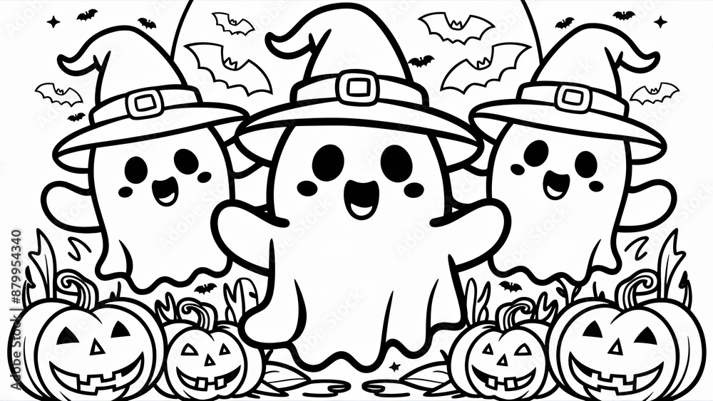 Cute ghosts wearing witch hats outline doodle cartoon illustration ...