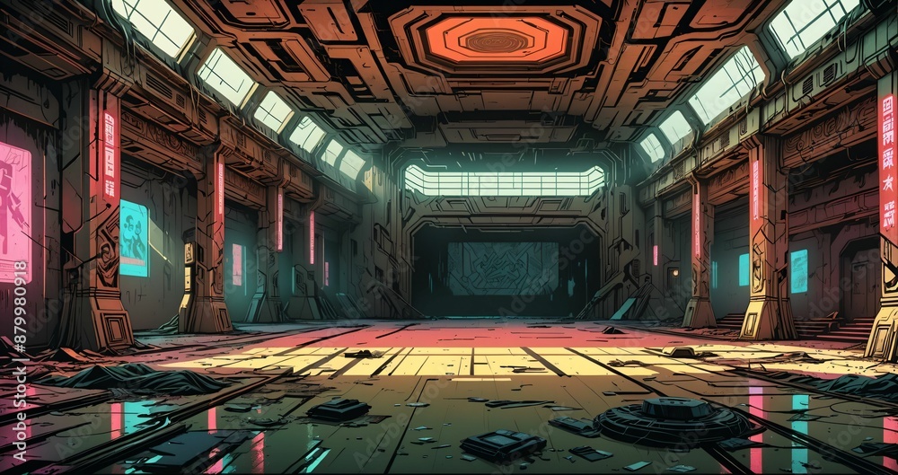 abandoned room interior in cyberpunk sci fi building. dystopian old ...