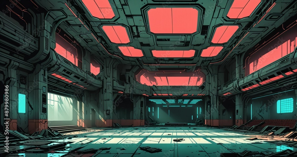 abandoned room interior in cyberpunk sci fi building. dystopian old ...