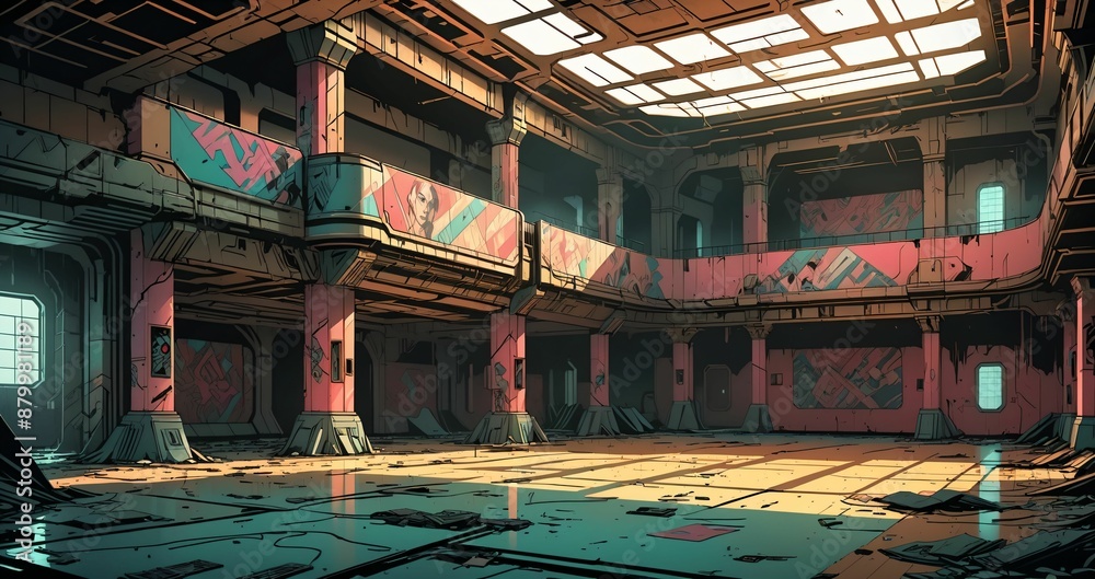 abandoned room interior in cyberpunk sci fi building. dystopian old ...