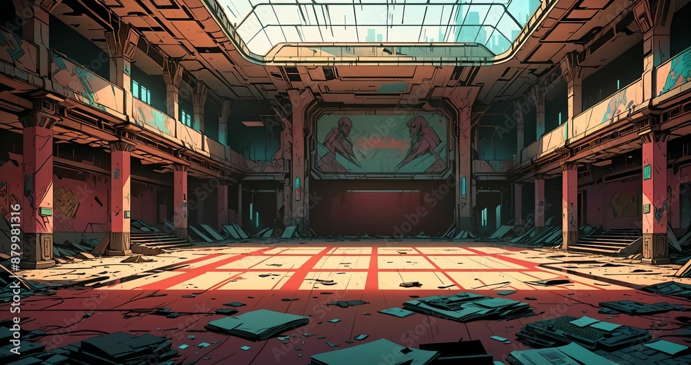 abandoned room interior in cyberpunk sci fi building. dystopian old ...