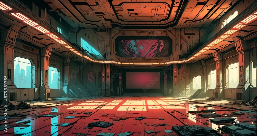 abandoned room interior in cyberpunk sci fi building. dystopian old ...