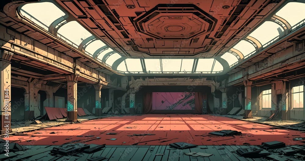 abandoned room interior in cyberpunk sci fi building. dystopian old ...