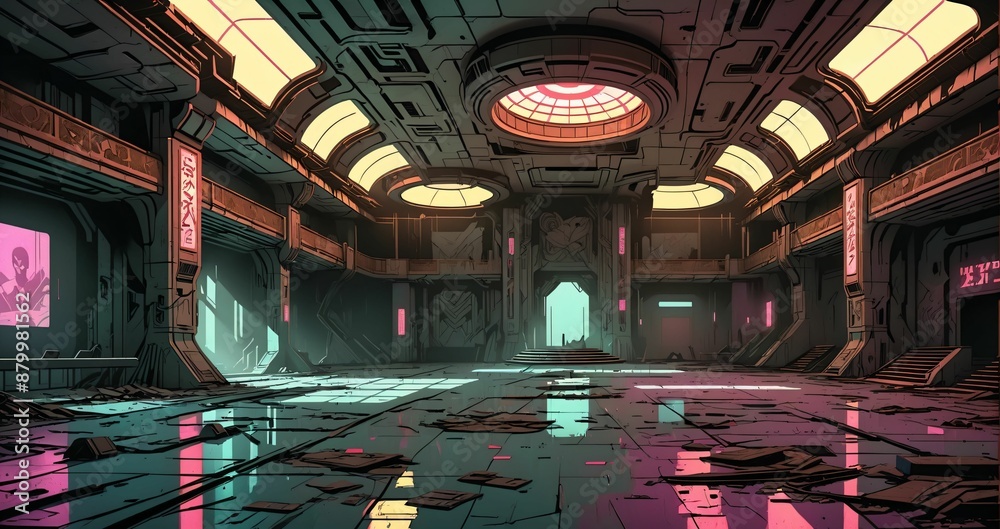 abandoned room interior in cyberpunk sci fi building. dystopian old ...