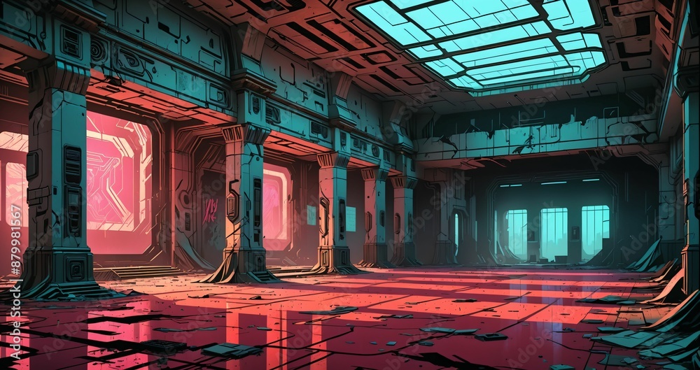abandoned room interior in cyberpunk sci fi building. dystopian old ...