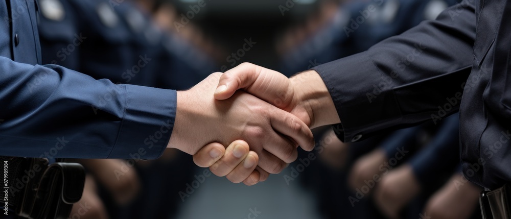 Close up of police officers shaking hands with each other in the office ...