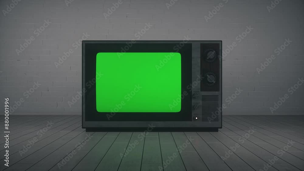 Vintage retro TV green screen in a dark room. Zoom In. You can replace ...