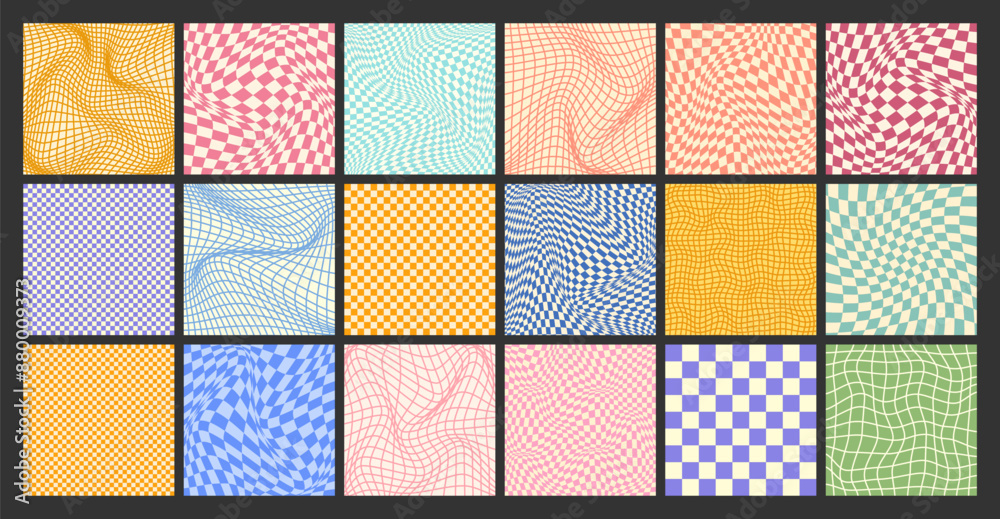 Groovy checkered pattern, colorful distorted tiled grid. Vintage wavy ...