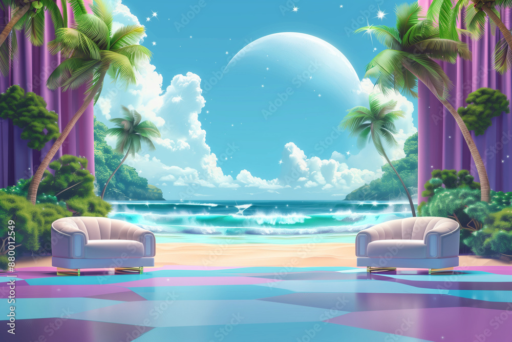 beach themed stage set with two sofas on the left and right of the ...