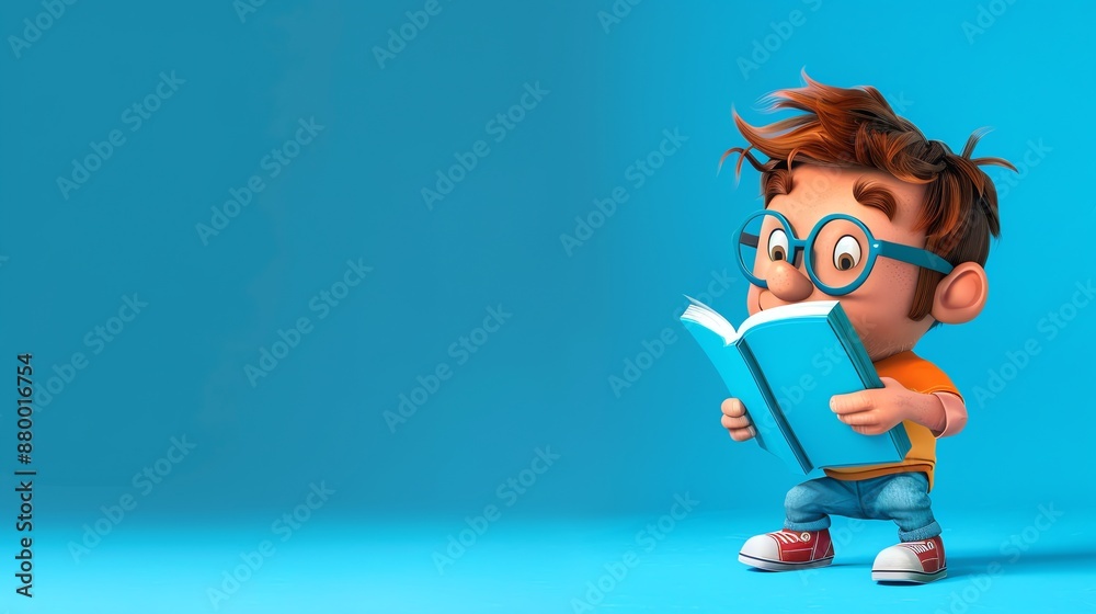 Cartoon boy with glasses reading a blue book on a blue background ...
