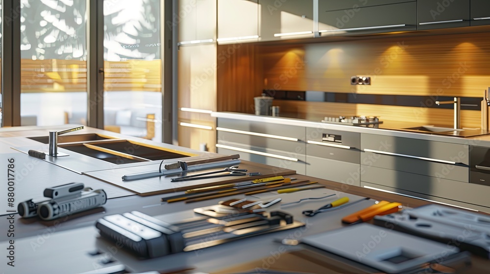 A modern kitchen with installation tools and custom cabinet parts laid ...