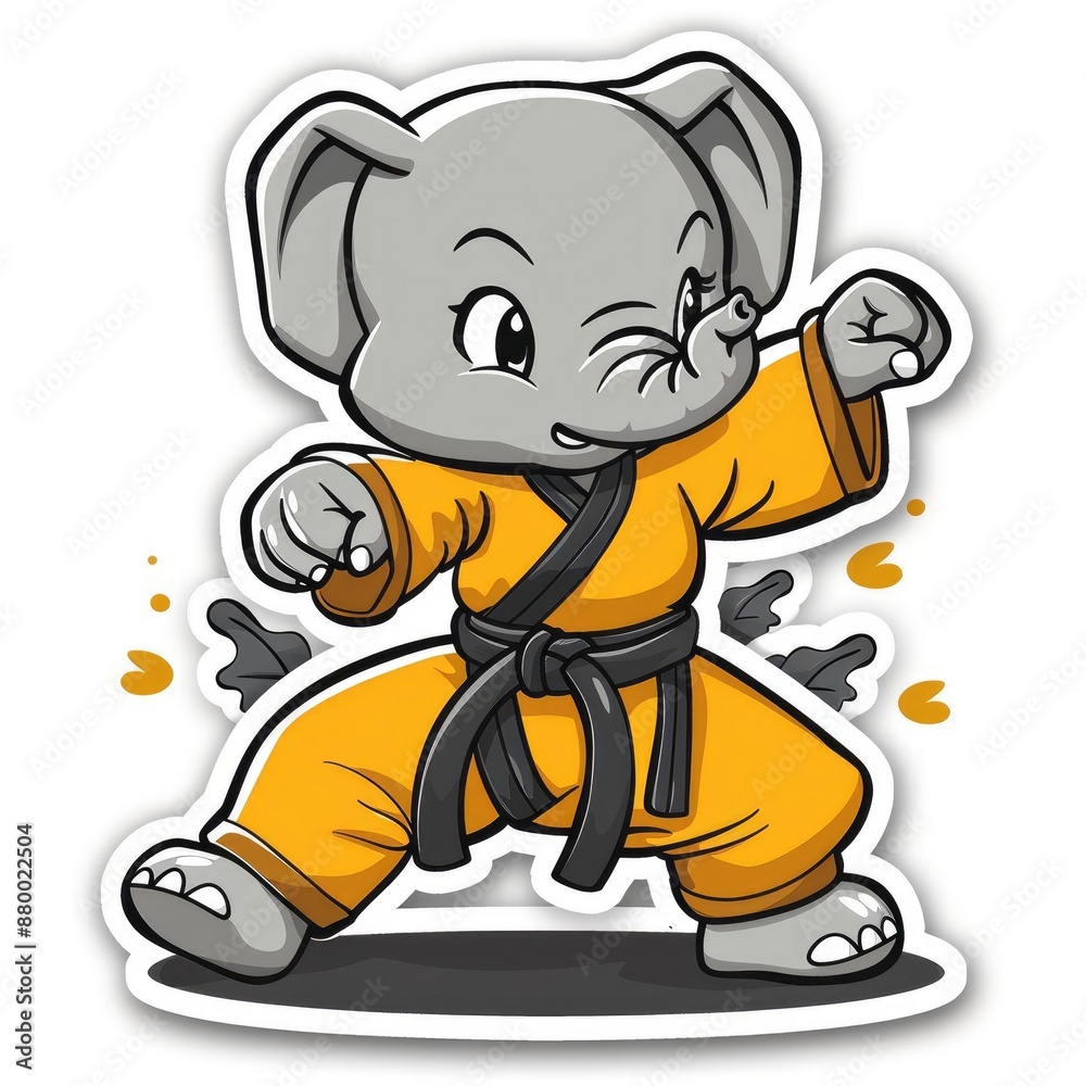 cartoon elephant with karate gi and black belt sticker, white ...