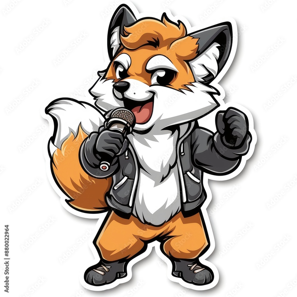 cartoon fox with guitar and microphone sticker, white background ...