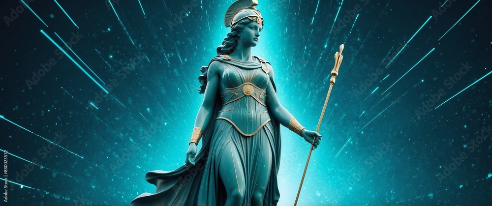 greek goddess athena statue with teal light trail effect futuristic ...