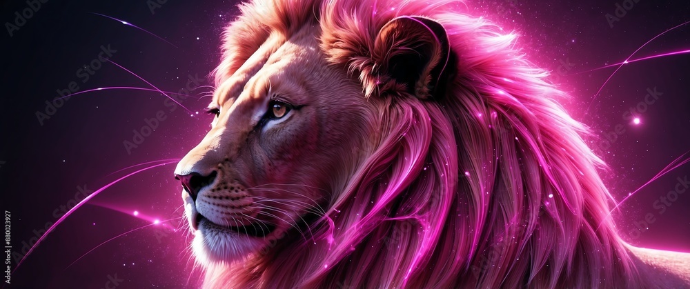 pink concept lion portrait with light trail effect futuristic particles ...