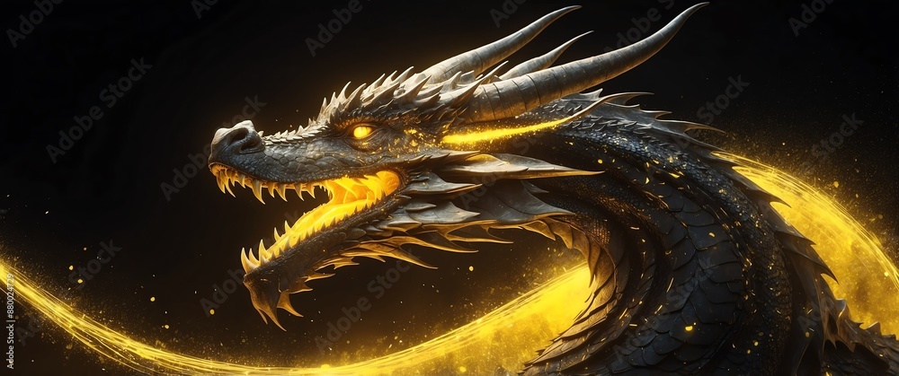 ภาพประกอบสต็อก dragon portrait with yellow light trail effect ...