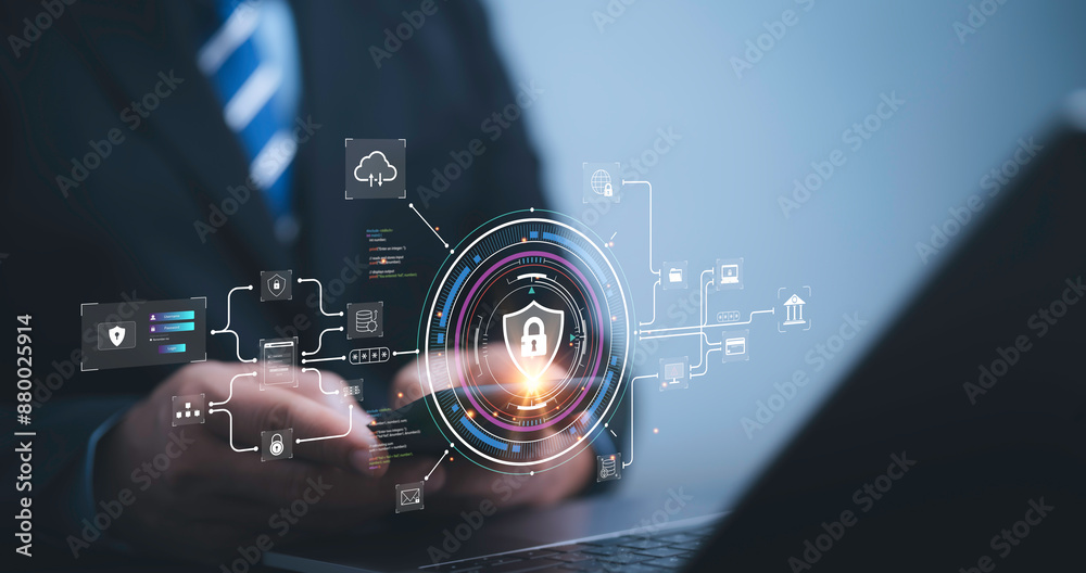Person with virtual shield, representing secure access and encrypted connections, with password ...