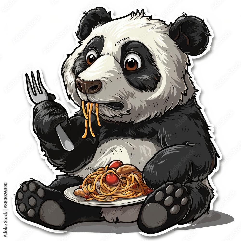 cartoon panda with pasta and fork sticker, white background, simple Q ...