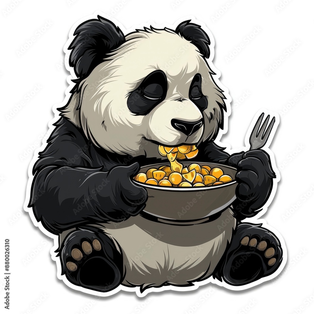ภาพประกอบสต็อก cartoon panda with pasta and fork sticker, white ...