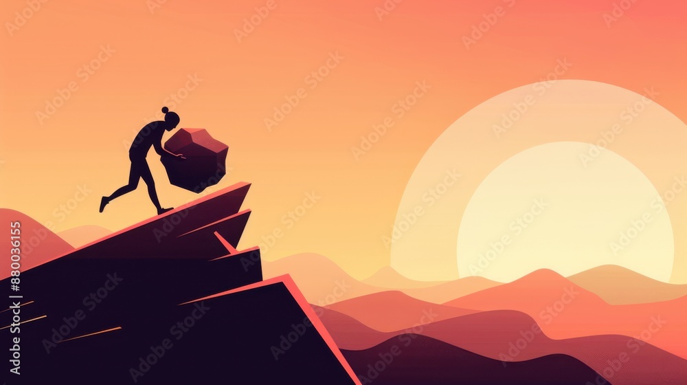 Silhouette of a person pushing a boulder uphill against a sunset ...