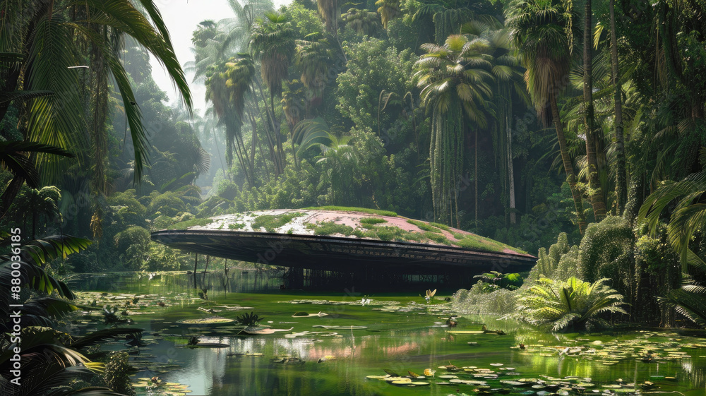 Wreck of alien spacecraft in tropical forest, lost broken spaceship ...