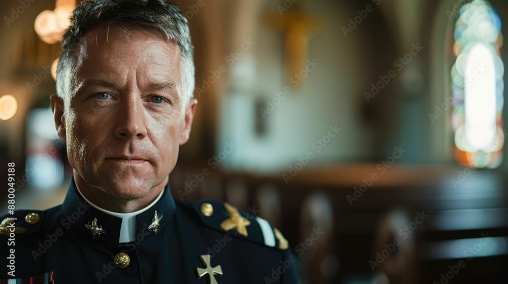 The picture of the military officer standing inside the church and ...